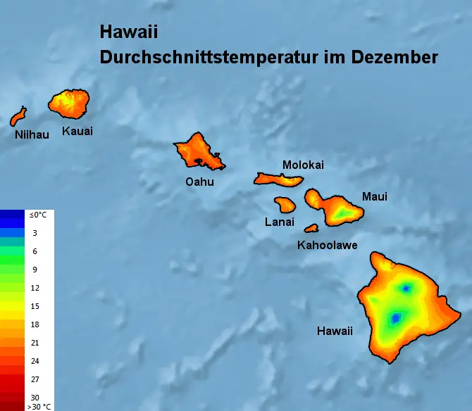 Hawaii Wetter im Dezember - Temperatur und Regen